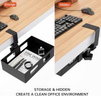 China Clamp-on Side Desk Swivel Organizer, Under Desk Hidden Storage Drawer with Cable Hole, Hanging Desk Rotated Metal Basket for sale