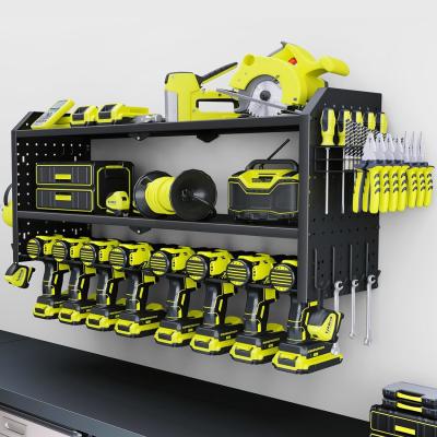 China Large 8 Drill Holder Wall Mount with 2 Side Peg boards Storage Rack for Garage Organization,Utility Battery Shelves for sale