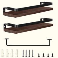 China Powder Coated Decorative Storage Towel Rack Floating Shelf Brackets with Rails Set of 2 Torched Wood Rustic Floating Wall Shelves for sale