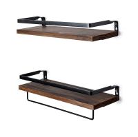 China Powder Coated Decorative Storage Towel Rack Floating Shelf Brackets with Rails Set of 2 Torched Wood Rustic Floating Wall Shelves for sale