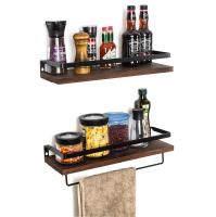 China Powder Coated Decorative Storage Towel Rack Floating Shelf Brackets with Rails Set of 2 Torched Wood Rustic Floating Wall Shelves for sale