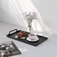 China Serve Snacks in Style with this Rectangle Black Metal Tray with Handles 16.7x9.5 inches for sale