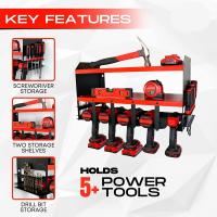 China Carbon Steel 3 Tiers Power Tool Organizer With 5 Slots Drill Holder Wall Mount Heavy Duty Metal Tool Shelf for sale