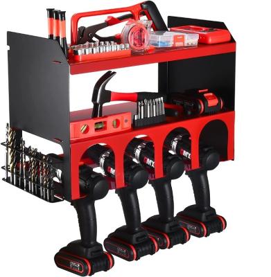 China Metal Wall Mount Power Tool Storage Organizer with Four Drill Holders and Drill Bit Rack for sale