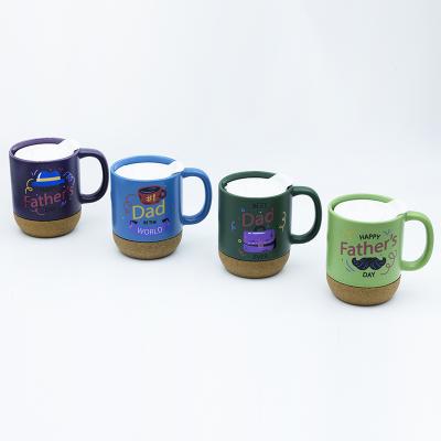 China Father's Day Mugs Ceramic 380 Ml With Decal Fired plastic Lid And Cork Base Designed For Souvenir Shops for sale