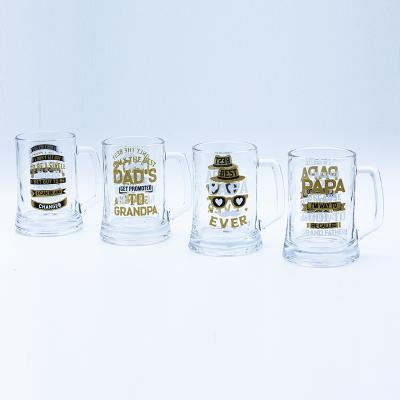 China Dia 8.3*9.5cm 13.5cmH Father's Day Glass Tankard Personalized With Golden Glitter Decal Fired for sale