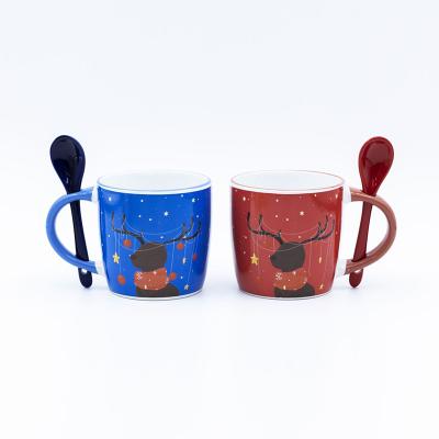 China Ceramic 340 Ml Christmas Mug With Spoon In Handle And Colorful Rim For Festival Celebration for sale