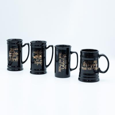 China Unique design souvenir coffee mug with laser decal fired Dia 8.5*10.4cm 13.4cmH 680ml for gift stores for sale