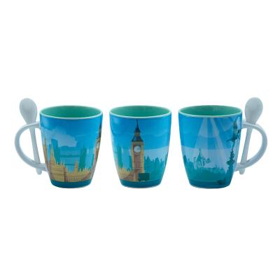 China 90ml Souvenir two-tone coffee mug with decal fired and ceramic spoon unique design for cultural enthusiast for sale