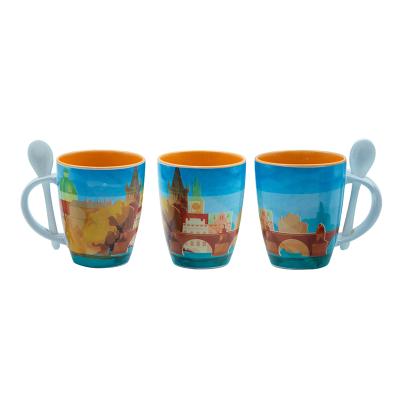 China Souvenir coffee mug with decal fired and ceramic spoon commemorative significance for tourist attractions for sale