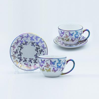 China Memorable cup and saucer with electroplated and decal fired for souvenir store for sale