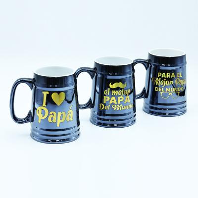 China Fathers day lightning electroplating ceramic tankard with laser golden foil decal firing for sale