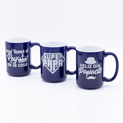 China Fathers day rocky mug blue glaze with glitter decal fired commemorative for gift stores for sale