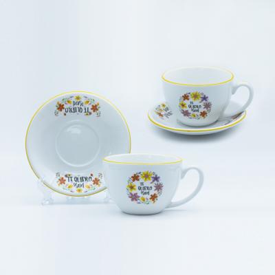 China White cup and saucer with decal fired, colored rim and handle line drawing for sale