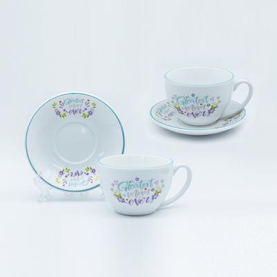 China The cup and saucer with decal fired, handle line drawing and colored rim for Mothers Day for sale