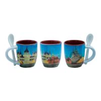 China 90ml Souvenir two-tone coffee mug with decal fired and ceramic spoon unique design for cultural enthusiast for sale