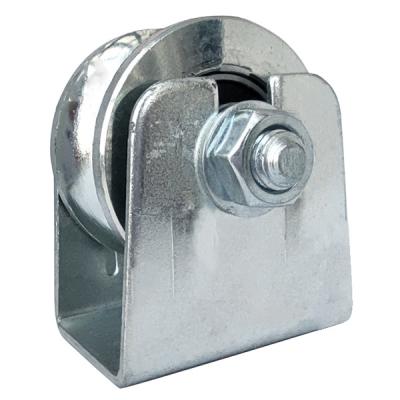 China various sizes round U groove double bearings zinc plated sliding gate support wheel with exterior adjustable bracket for sale