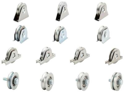 China Trapezoidal bracket pulley door rolling bearing iron door pulley hardware kits for sale