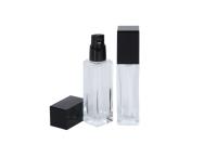 China Empty Clear Square 30ml Foundation Sample Bottles Glass Emulsion With Black Pump Head for sale