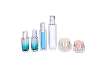 China Gradient Color Acrylic 30-50-100ml Polygon Lotion Bottle 30-50g Cream Jar Skincare Cosemtic Packaging for sale