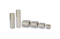 China Double Wall Lotion Cosmetic Pump Bottle 30 / 50ml Square Acrylic Face Cream Jar Family Set for sale