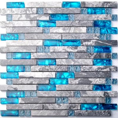 China Sea Blue Grey Marble Glass Kitchen Backsplash Mosaic Tiles For Bathroom Bathtub for sale