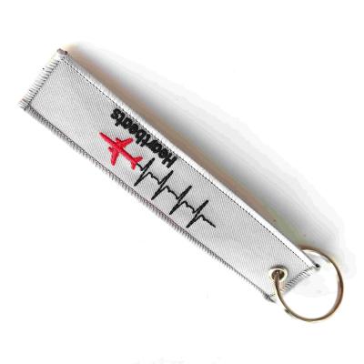 China Aviation Keychain for Pilots - Heartbeat & Plane Embroidery - Durable Metal Ring - White Canvas Travel Gift for sale