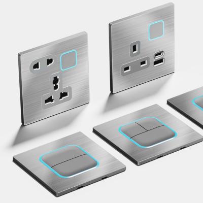 China New Design Stainless Steel Panel Switches Multi UK EU US Standard Wall Light Switch 110-240V Embedded Sockets Type 86 146 for sale