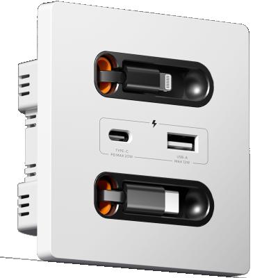 China Universal Type-C USB Socket with Retractable Charging Cable, PC Panel, 20W USBA+USBC Port, Wall Fast Charging USB Socket for sale