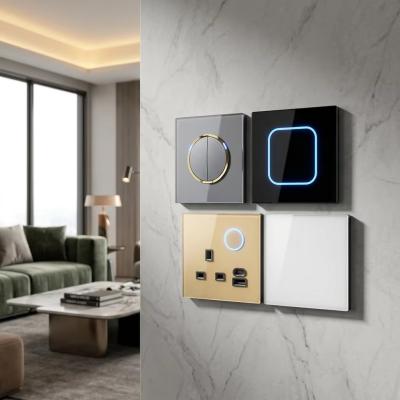China B1 Series Tempered Glass Panel Reset Wall Switch & Socket | 16A Electrical Outlet for Luxury Hotels for sale