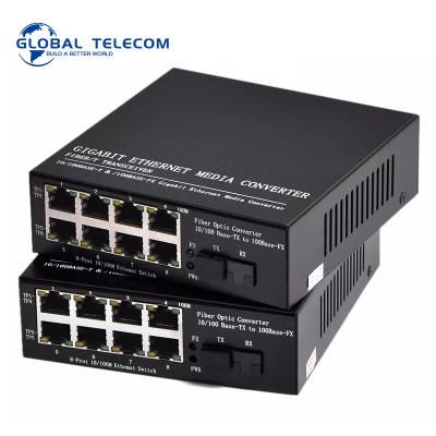 China 100M Fiber Media Converter Single Mode 1 Fiber Port 8 RJ45 Port 25KM for sale