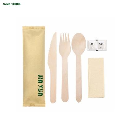 China 6 in 1 Disposable Wooden Cutlery Set Chemical Free Birchwood Custom Printing for sale