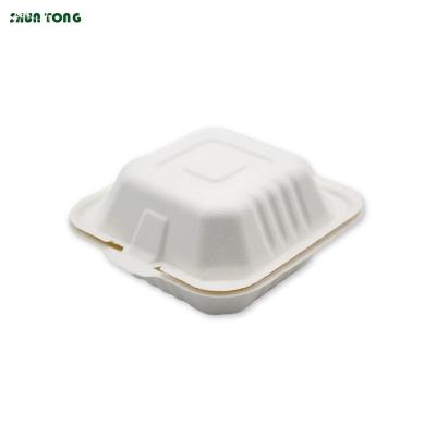 China 9x6 Disposable Bagasse Clamshell Containers Burger Box Water Resistant for sale