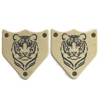 China Irregular Pentagon 3 Hole Fancy Plastic Buttons Engraved Tiger Logo 50L Eco Friendly Resin for sale