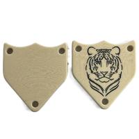 China Irregular Pentagon 3 Hole Fancy Plastic Buttons Engraved Tiger Logo 50L Eco Friendly Resin for sale