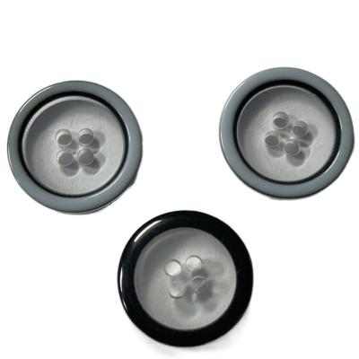 China Three Layers Plastic Shirt Buttons Blue Rim Transparent Center 26L 4 Hole Sewing for sale