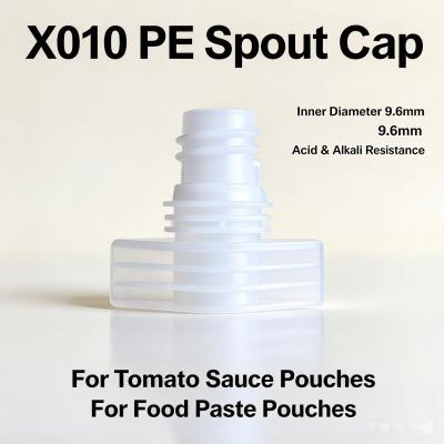 China X010 9.6mm food grade PE plastic spout cap, acid & alkali resistant. Ideal for ketchup, sauce & paste stand-up spout pouches. Good heat welding, leak-proof threaded design for food liquid packaging. for sale