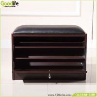 China Solid Wood Black Entrance Shoe Rack Bench Three Layer With Sponge Cushion for sale