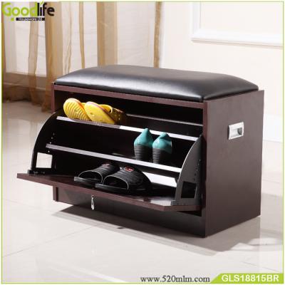 China Solid Wood Black Entrance Shoe Rack Bench Three Layer With Sponge Cushion for sale