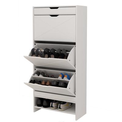 China Three Layer MDF Shoe Wooden Cabinet With Shoe Rack Door Space Saver for sale