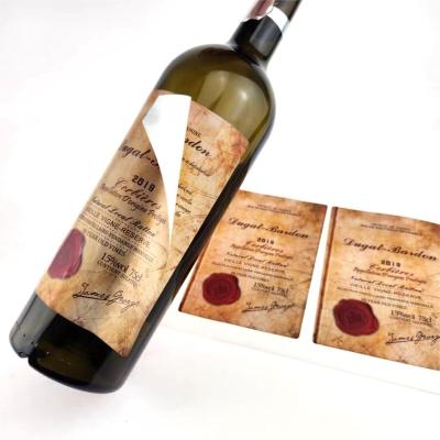 China Custom Red Wine Bottle Label Waterproof Adhesive Private Logo Brand Product Packaging Label Printing for sale