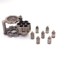 China Rotatable Revolver Cylinder Metal Dice Set with Bullet-Shaped Polyhedral Dice and Blood Splatter Antique Finish for sale