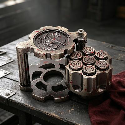 China Rotatable Revolver Cylinder Metal Dice Set with Bullet-Shaped Polyhedral Dice and Blood Splatter Antique Finish for sale
