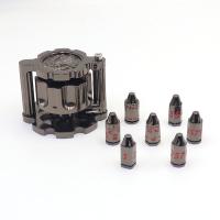 China Rotatable revolver cylinder metal dice set with bullet-shaped polyhedral dice and gunmetal finish red numbers for sale