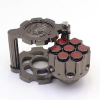 China Rotatable revolver cylinder metal dice set with bullet-shaped polyhedral dice and gunmetal finish red numbers for sale