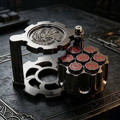 China Rotatable revolver cylinder metal dice set with bullet-shaped polyhedral dice and gunmetal finish red numbers for sale