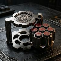 China Rotatable revolver cylinder metal dice set with bullet-shaped polyhedral dice and gunmetal finish red numbers for sale
