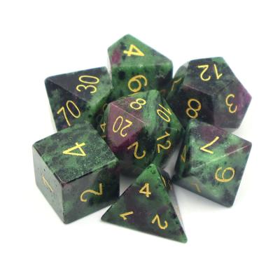 China Natural Ruby Zoisite Gemstone Polyhedral Dice Set - Hand Carved DND Dice with Golden Paint Engraved Numbers for sale