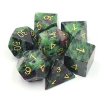 China Natural Ruby Zoisite Gemstone Polyhedral Dice Set - Hand Carved DND Dice with Golden Paint Engraved Numbers for sale