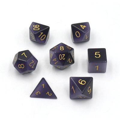 China Natural Purple Cat's Eye Stone Polyhedral Dice Set - Hand Carved DND Dice with Golden Paint Engraved Numbers for sale